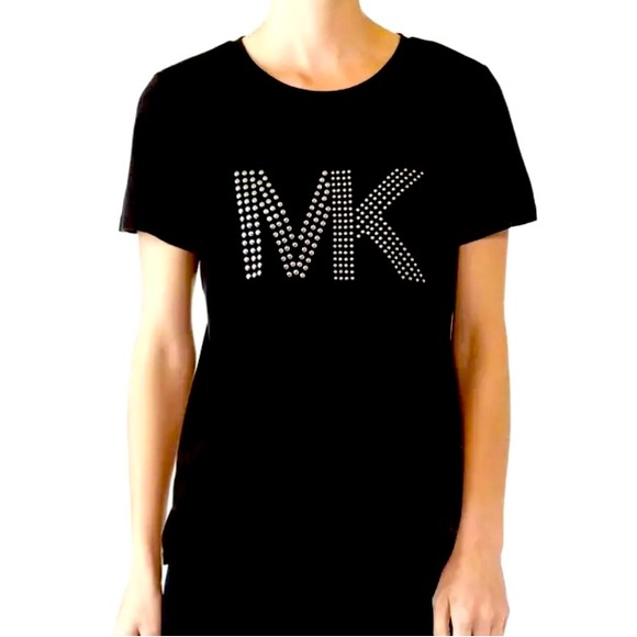 Tops | Michael Kors Womens Black Gold Mk Bead Embellished Logo Tshirt ...